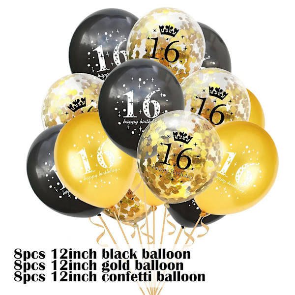 Sort guld tillykke med fødselsdagen pull-flag ballon sæt 16 år gammelt ...