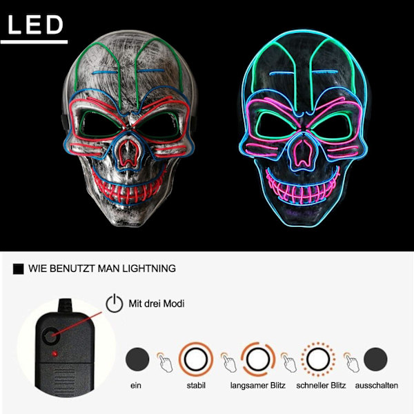 Halloweenmask, LED-mask med 3 blinklägen, dödskallemask för barn {FY ...
