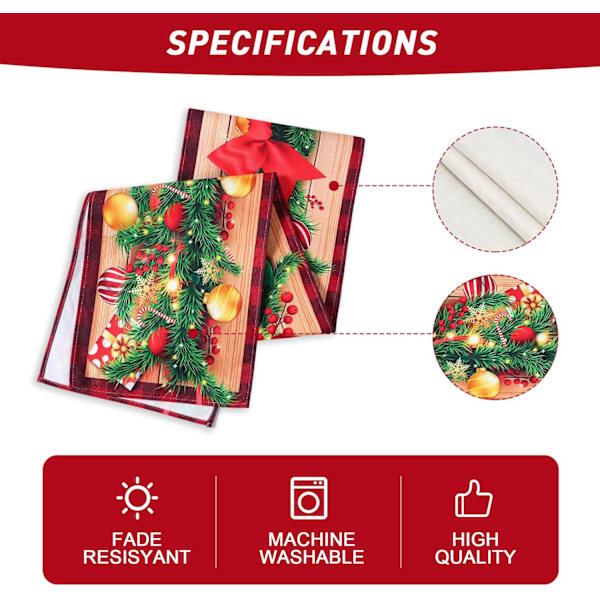 Punainen joulupöytäliina, jossa puu-, karkki- ja kelloaiheinen painatus ...